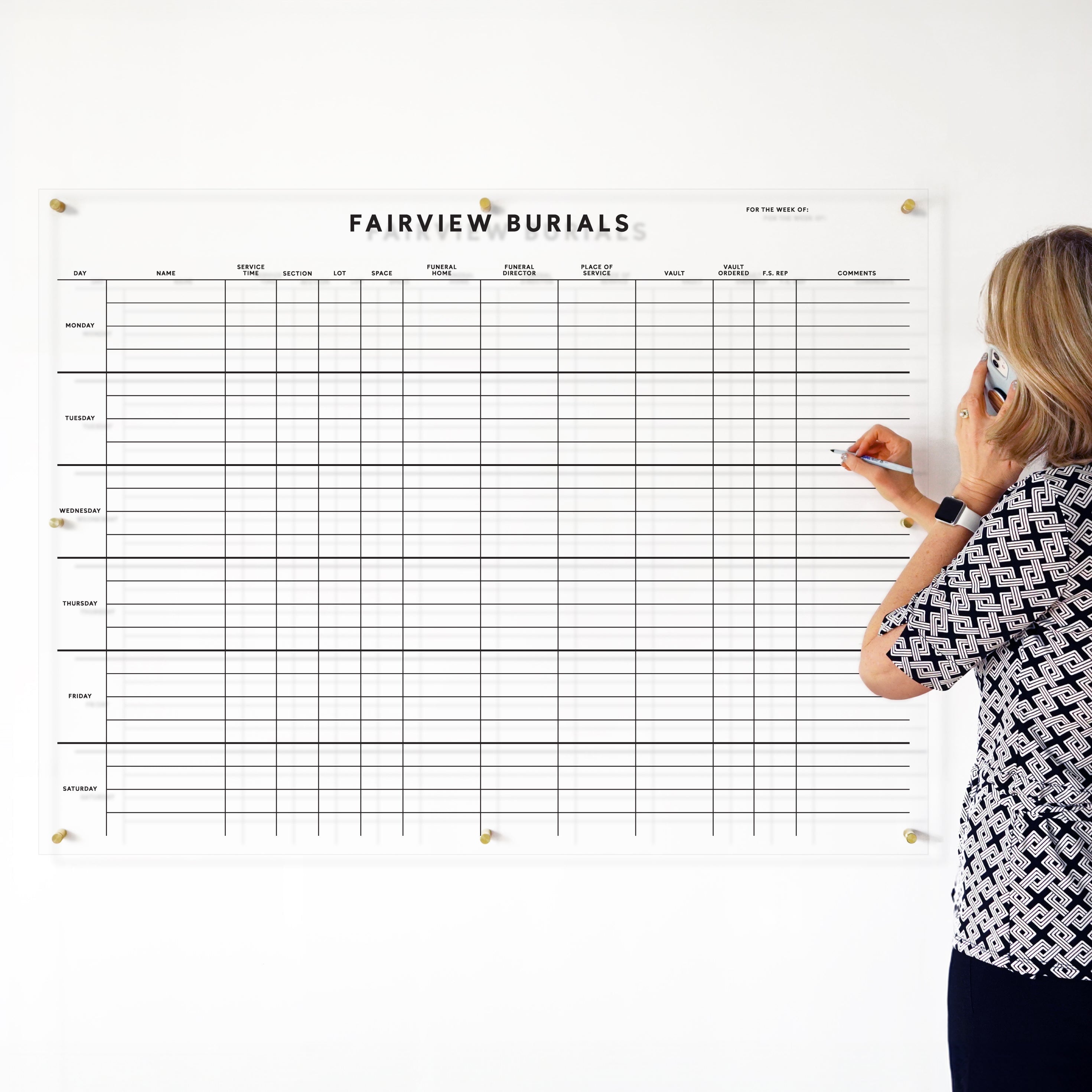 Funeral Home Burial Schedule | Clear Acrylic Whiteboard – Girl Friday