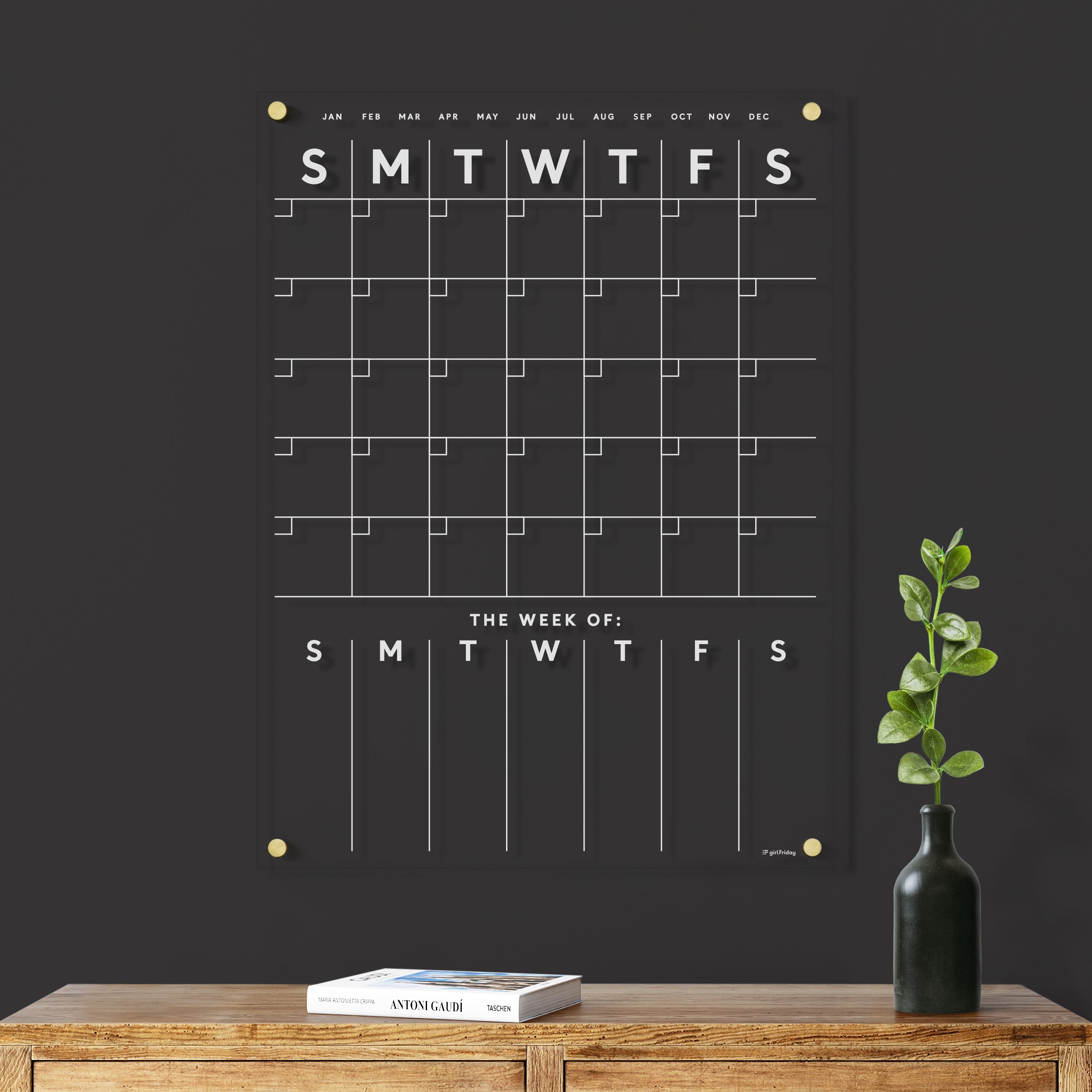 Clear Acrylic Monthly & Weekly Wall Calendar | White Text – Girl Friday